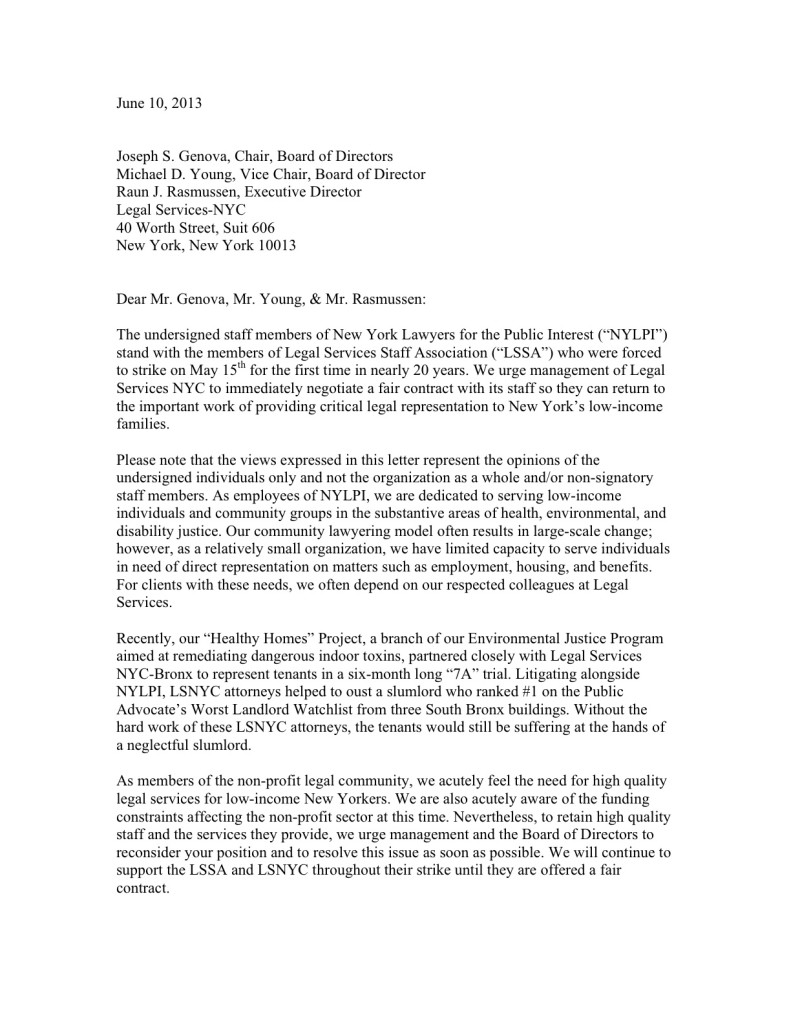 Letter of Support for LSSA | Legal Services Staff Association UAW/NOLSW ...